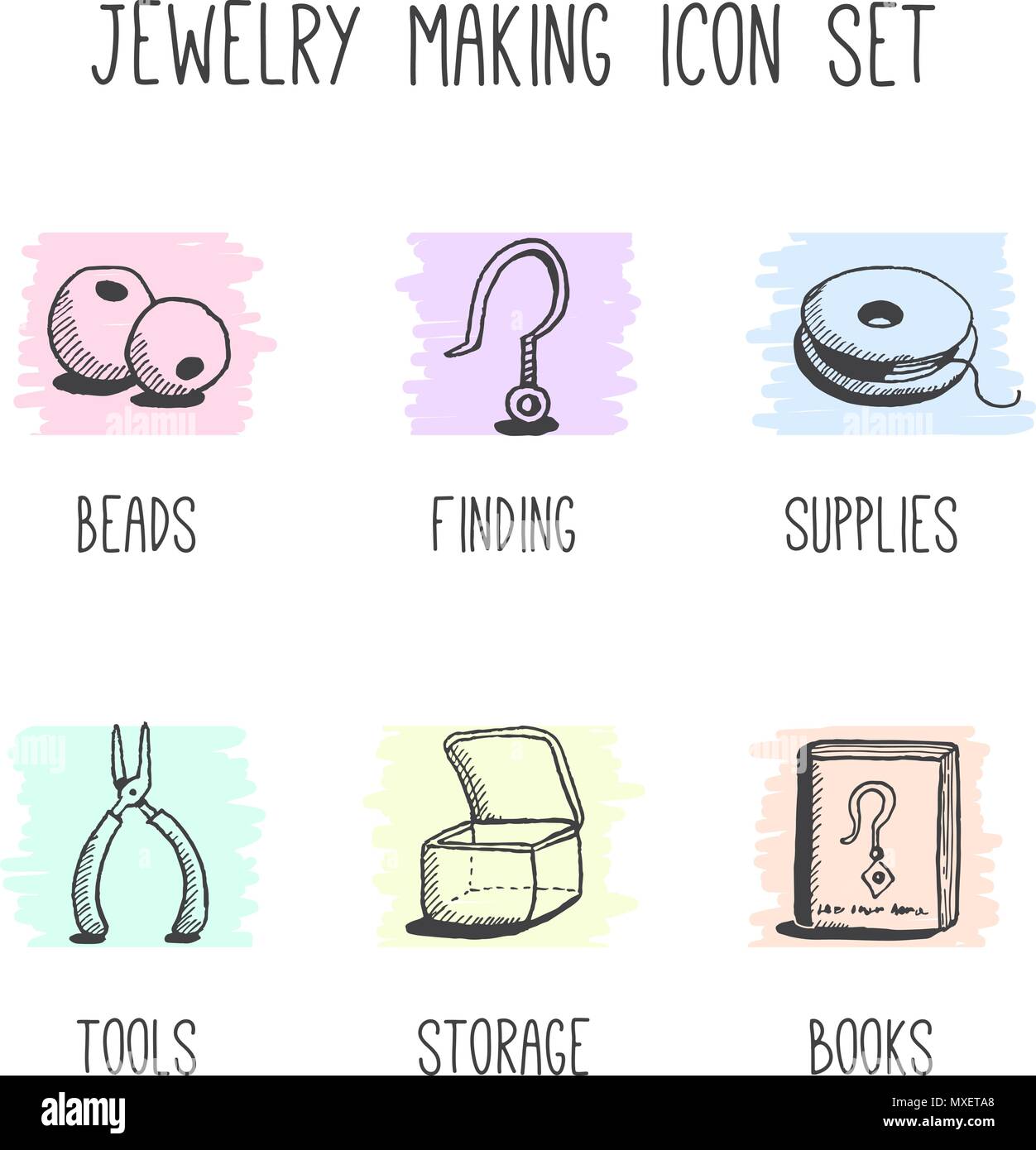 Vector set of hand-drawn icons for hobby of jewelry making, includes ...