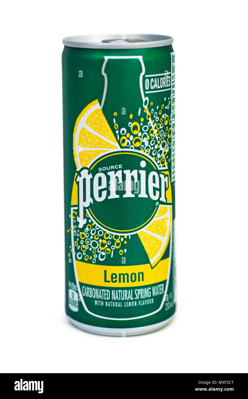 Can of Perrier Carbonated Natural Spring Water Lemon Flavour Stock ...