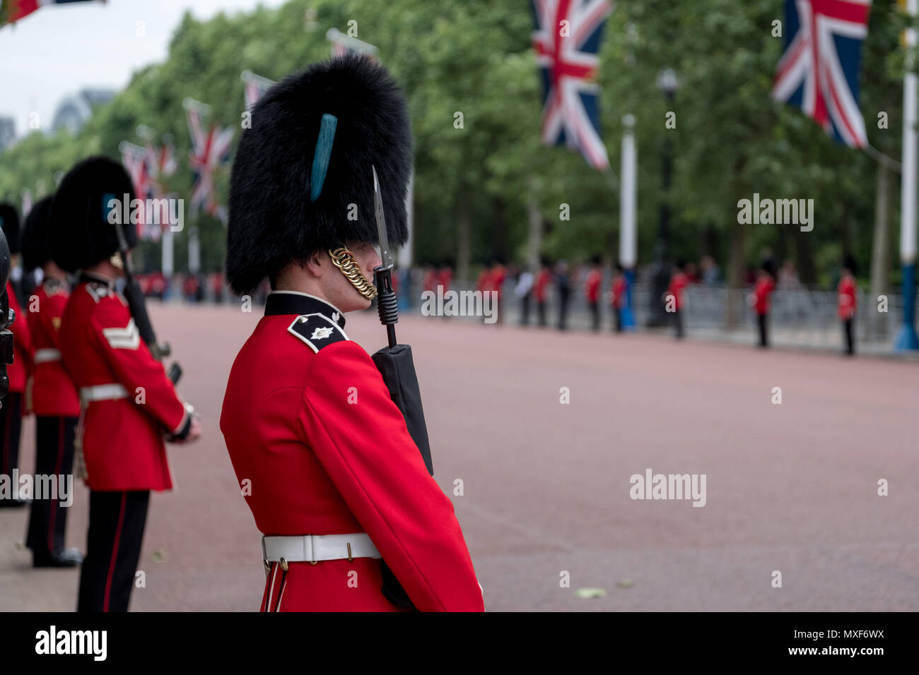 Amid tight security, guardsmen in red and black uniform and bearskins ...