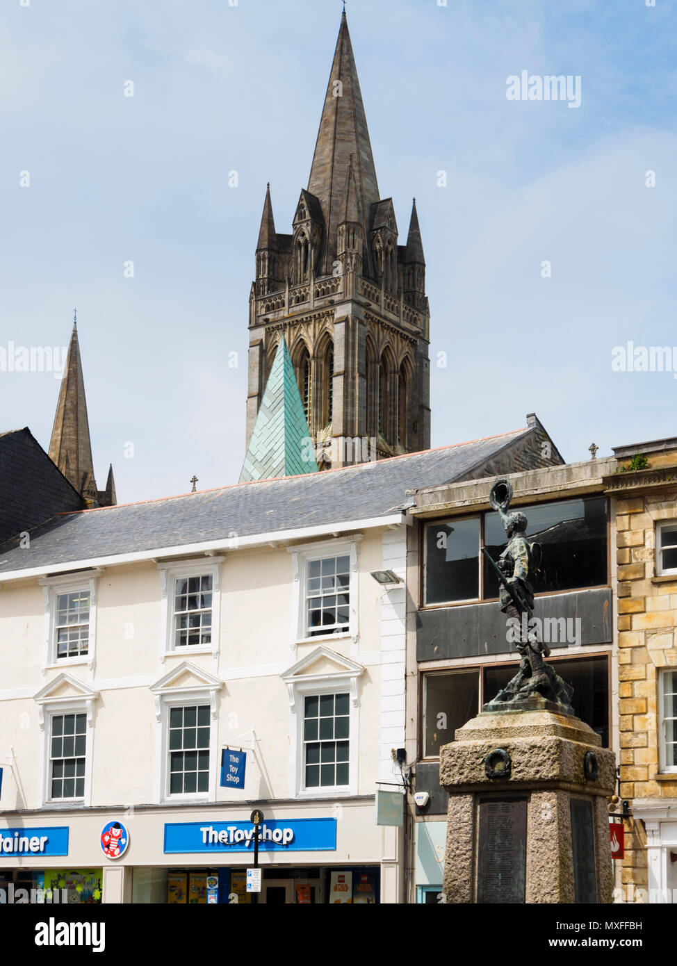 The main and secondary spires of Truro Cathedral dominate the skyline ...