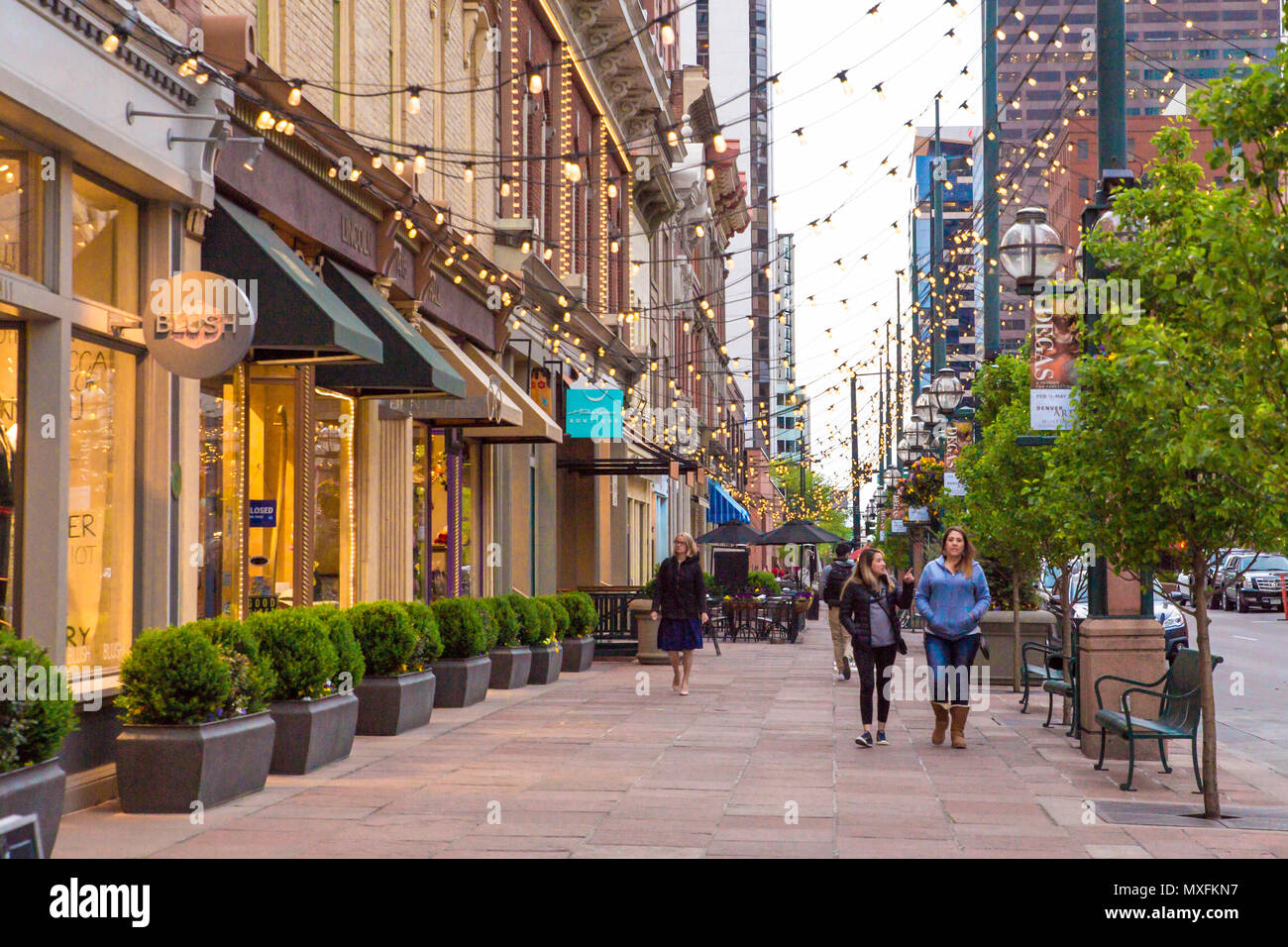 DENVER, COLORADO - MAY 1, 2018: Street scene along historic Larimer ...
