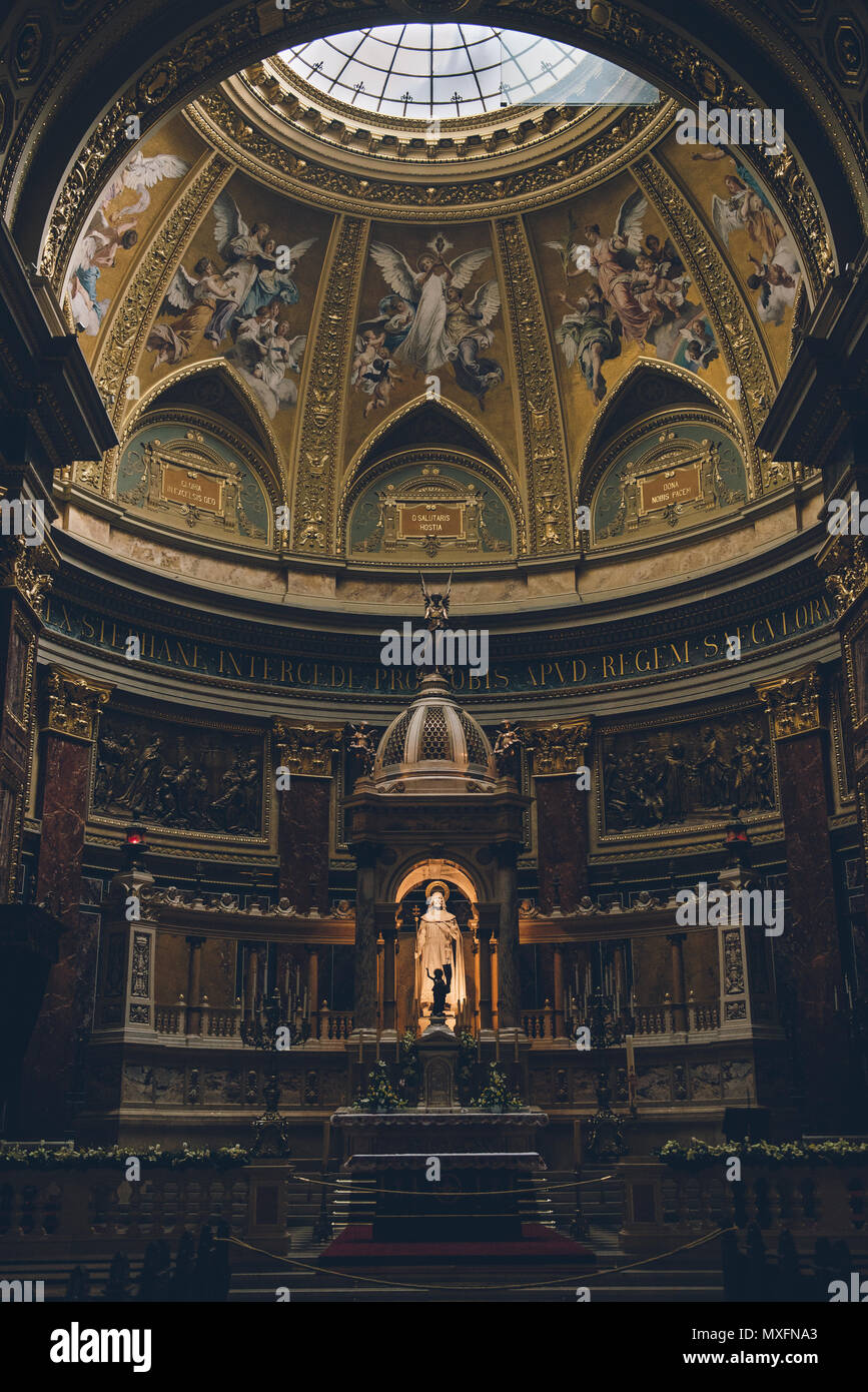 Interior of Roman catholic church St. Stephen's Basilica dome. Richly ...