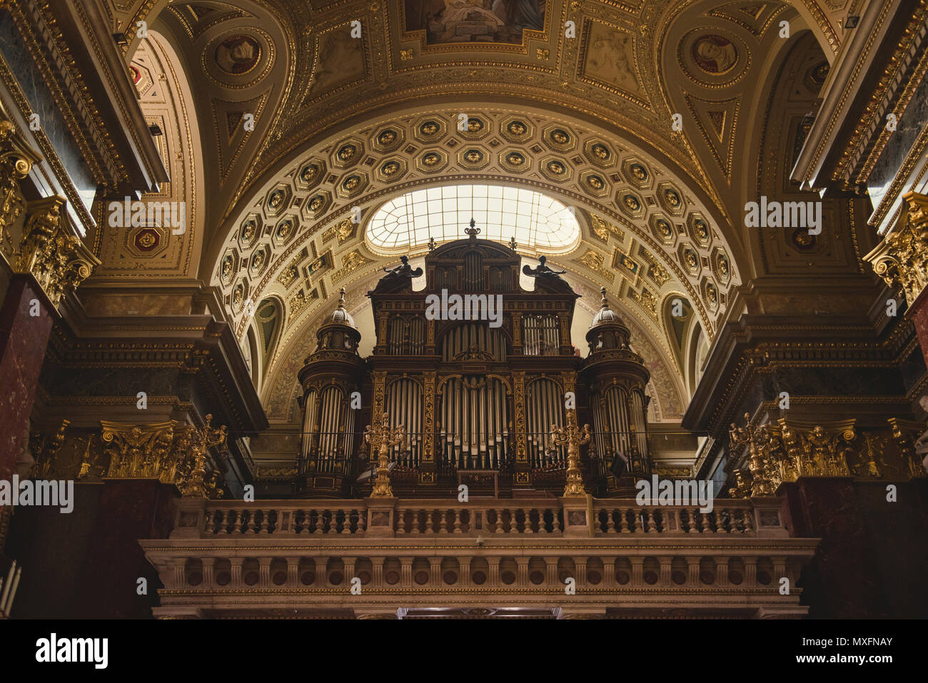 Pipe organ in Roman catholic church St. Stephen's Basilica. Richly ...