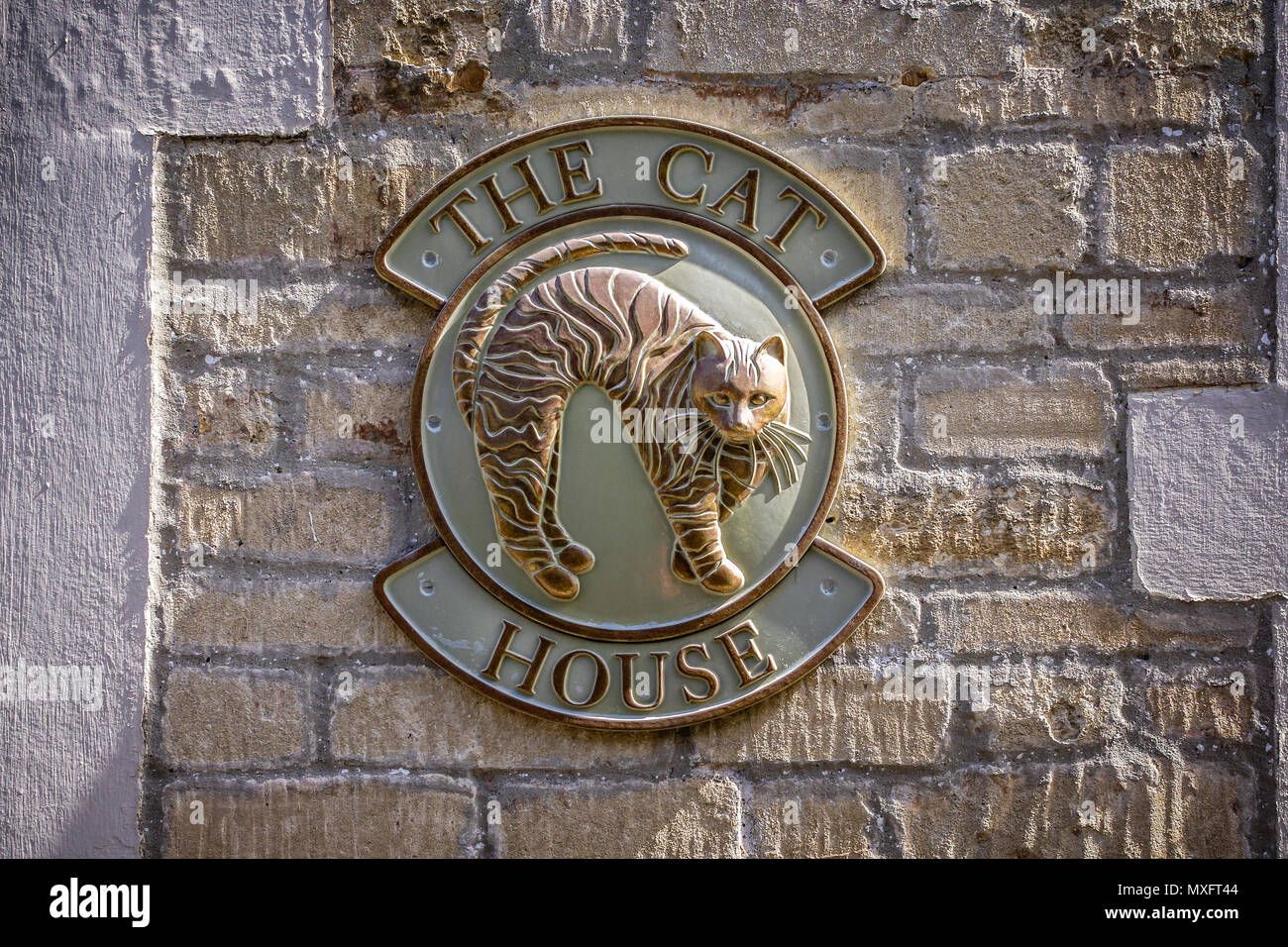 The Cat House wall sign with striped cat sculpted in metal Stock Photo ...