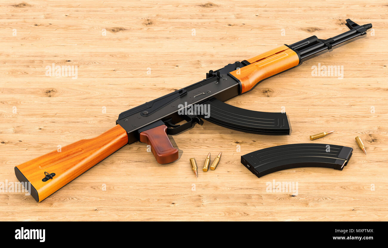 Assault rifle with magazine and bullets on the wooden table, 3D ...