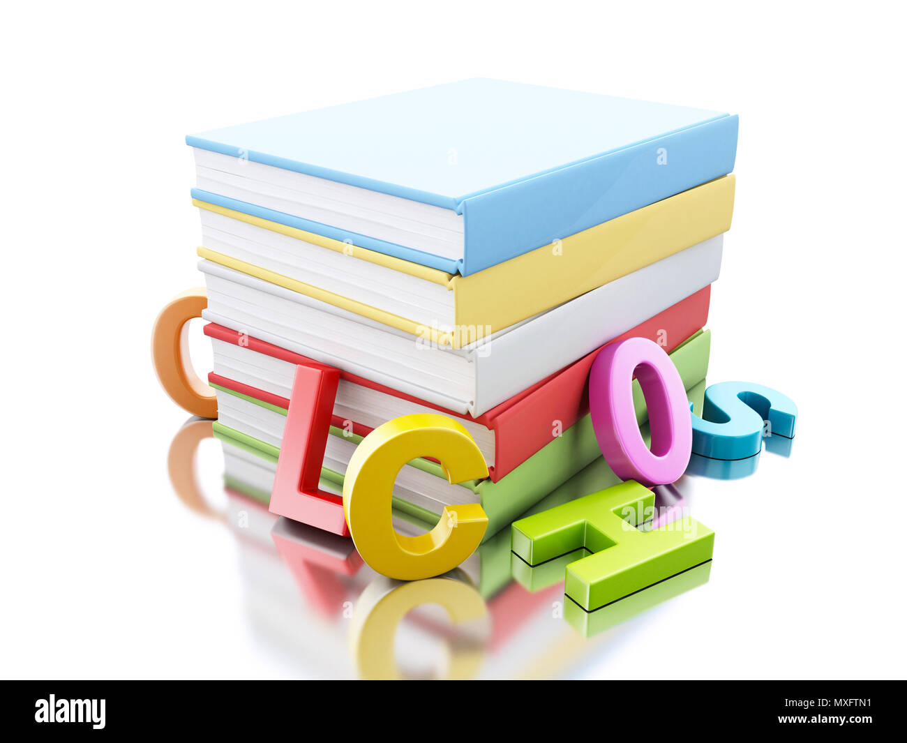 3d illustration. Stack of colorful books with school word. Education ...