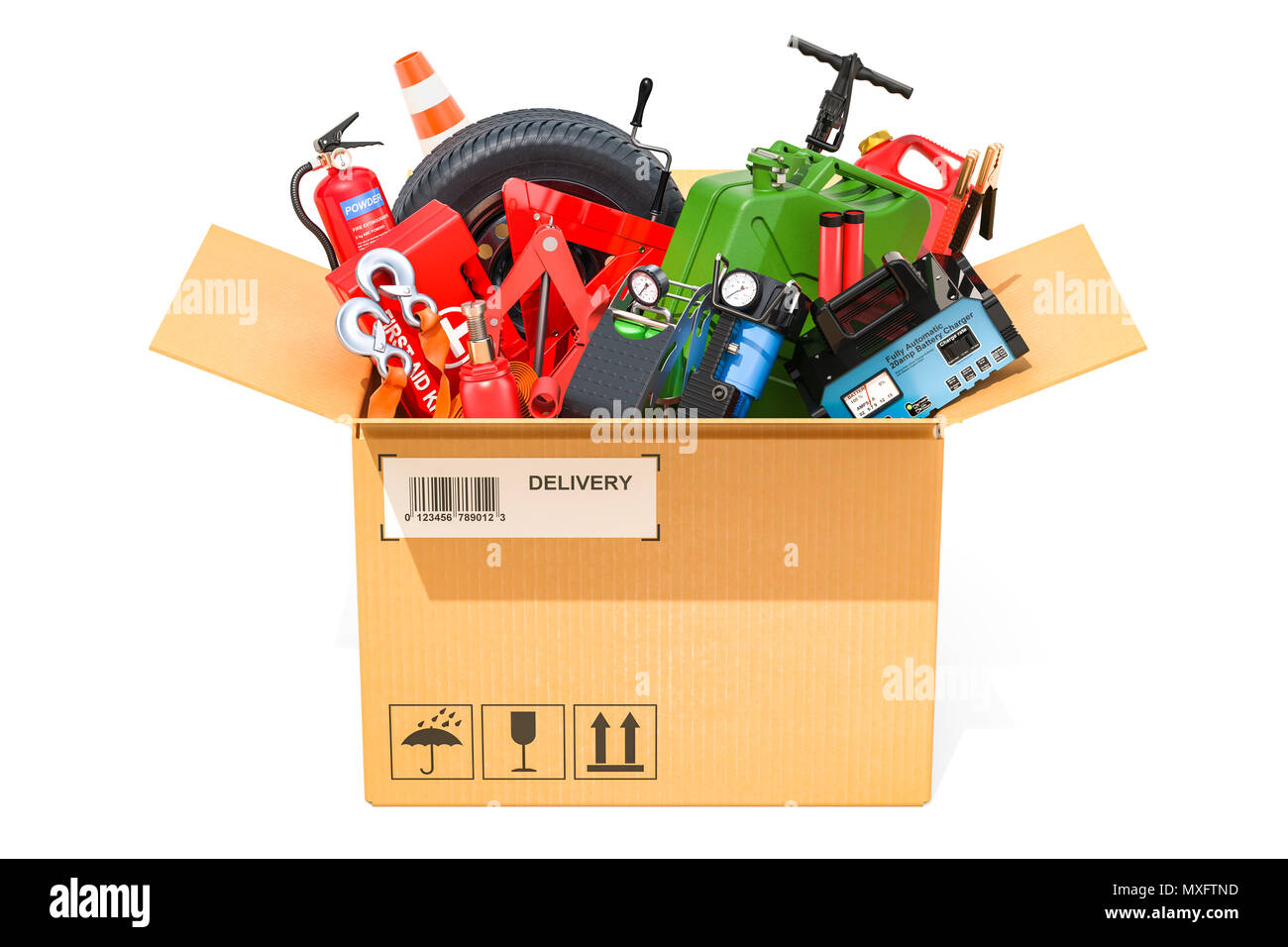 Cardboard box with car tools, equipment and accessories. 3D rendering ...