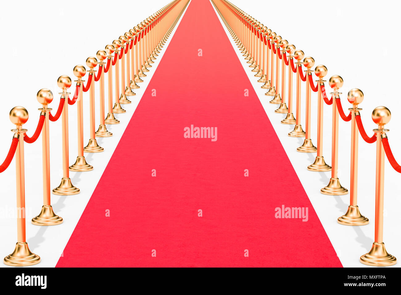 Empty red carpet with barrier rope, 3D rendering isolated on white ...