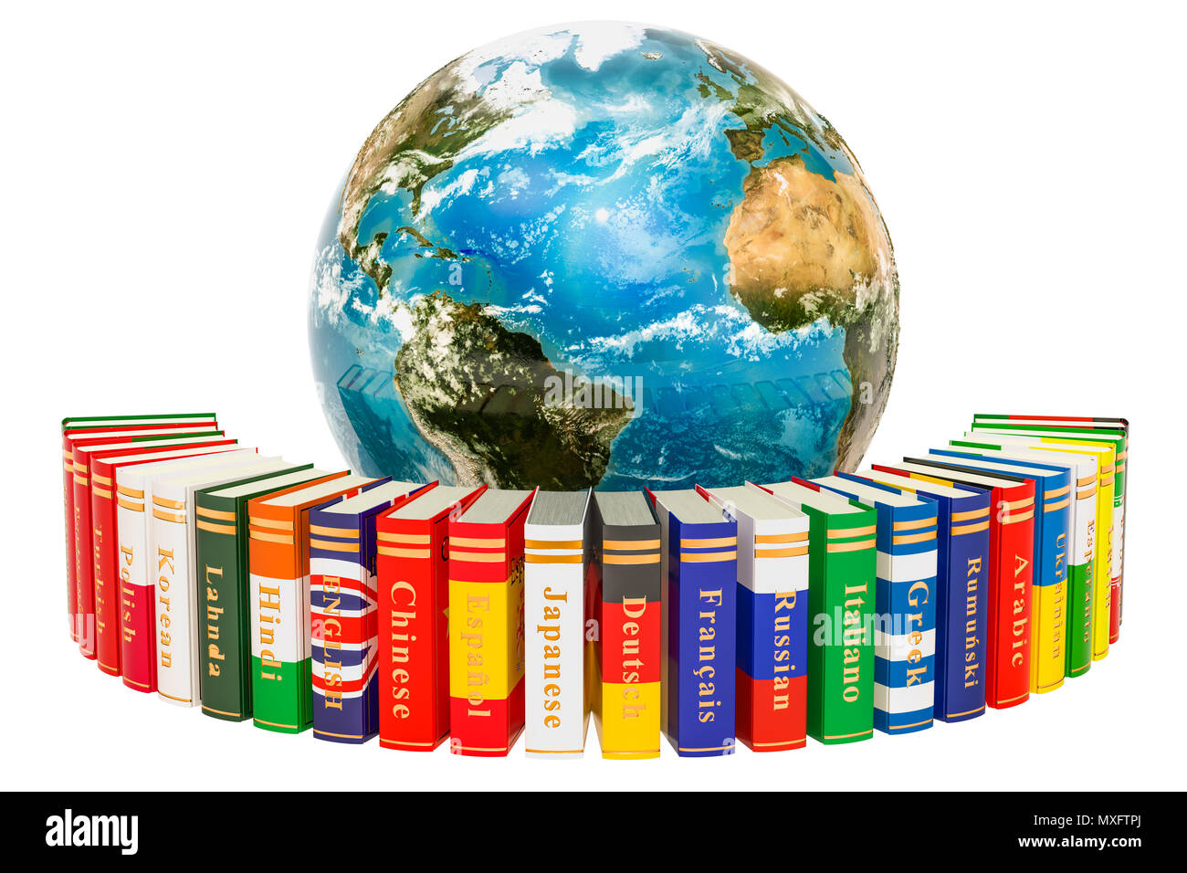Languages Books with Earth Globe, 3D rendering isolated on white ...