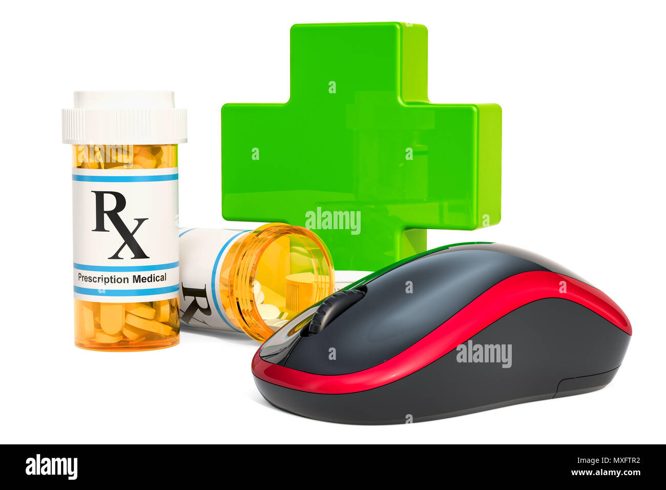 Online drugstore concept, computer mouse with drugs. 3D rendering ...