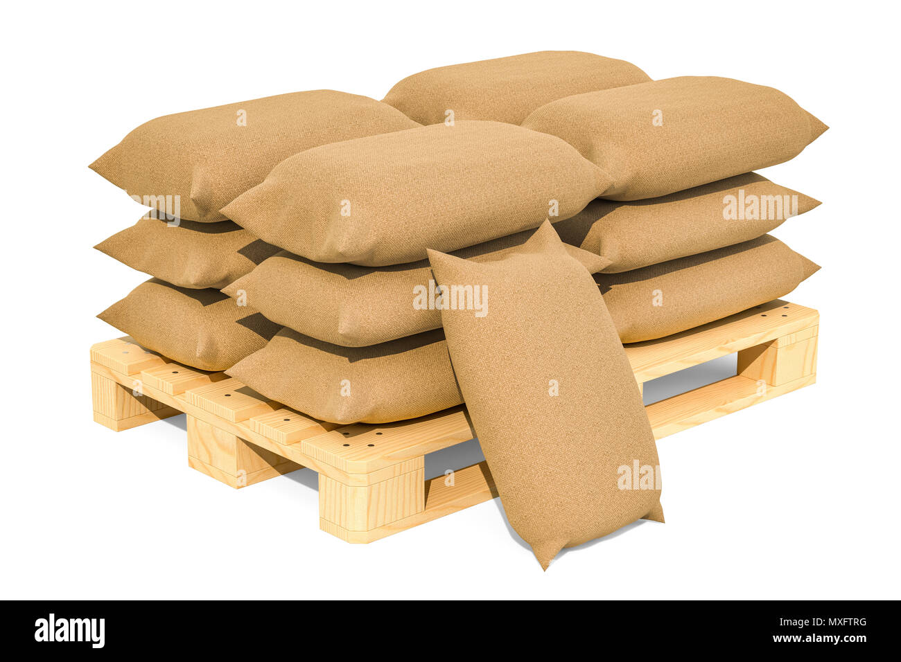 Sacks on the wooden pallet, 3D rendering isolated on white background ...