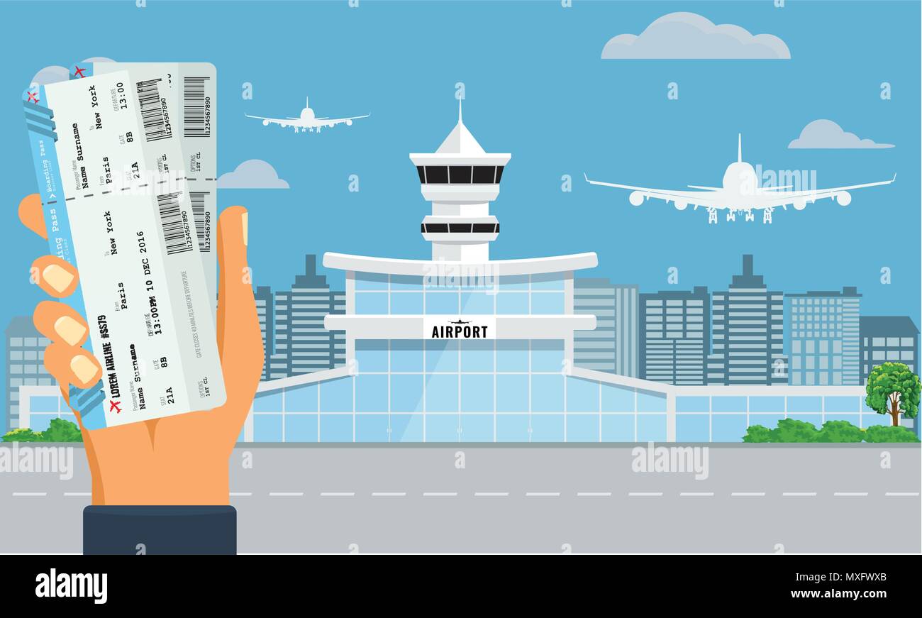 Airport terminal building. Hand holding two air tickets. Urban ...