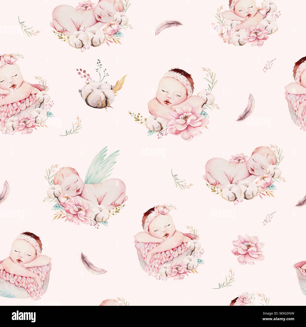Cute newborn watercolor baby pattern. New born sleeping child ...