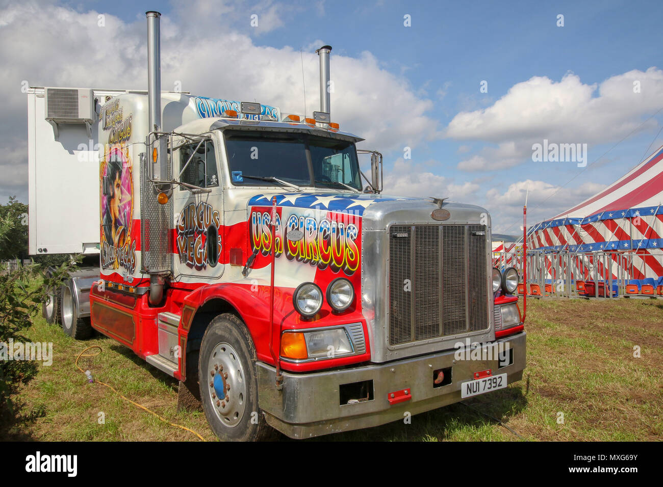 A brightly coloured Peterbilt American style truck used for circus work ...