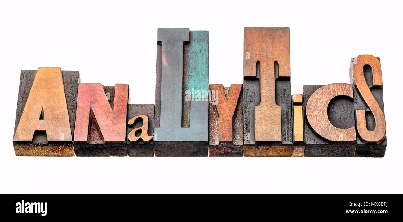 analytics word - isolated text in vintage letterpress wood type stained ...