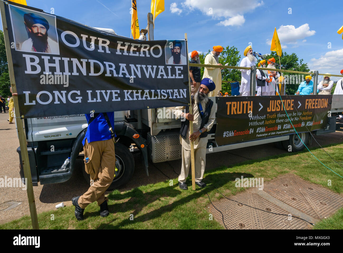 London, UK. 3rd June 2018. A banner remembers Bhindranwale, the Sikh ...