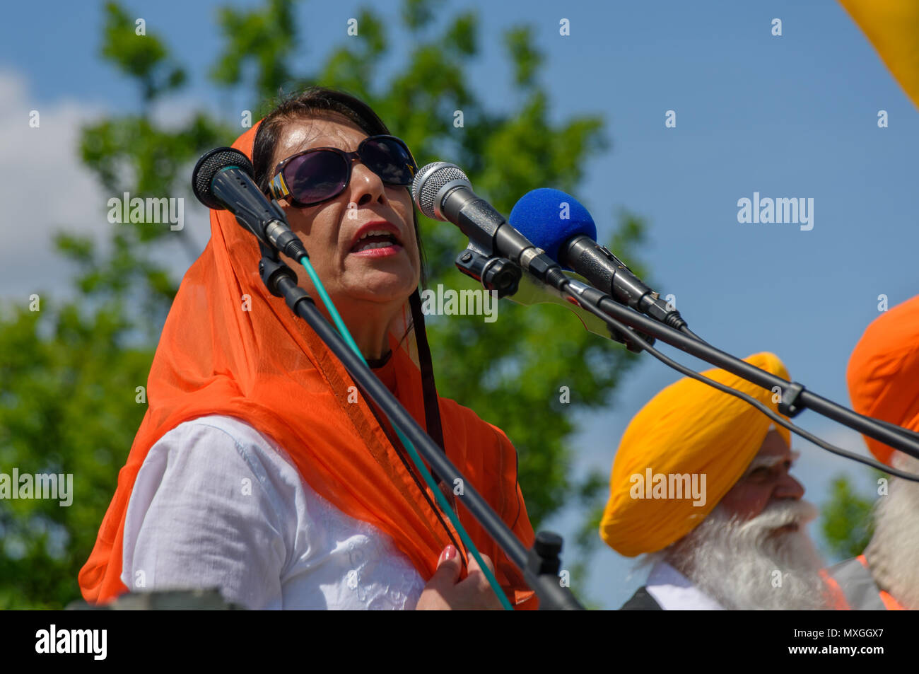 London, UK. 3rd June 2018. A Sikh woman from Milton Keynes speaks at ...