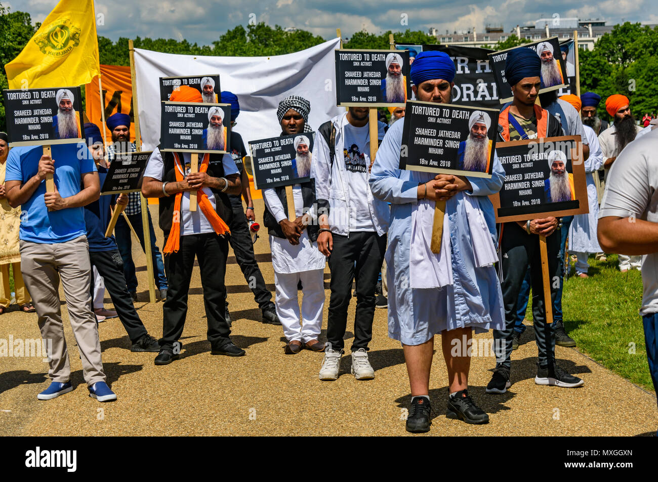London, UK. 3rd June 2018. Sikhs holding placards about a Sikh activist ...