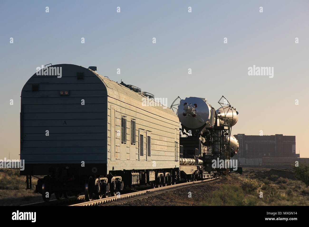 03 June 2018, Kazakhstan, Baikonur: A train transporting he soyuz ...