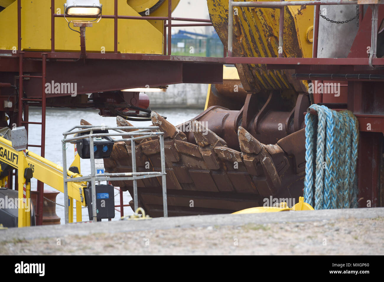 04 June 2018, Germany, Lubmin: Dredgers used for under water digging ...