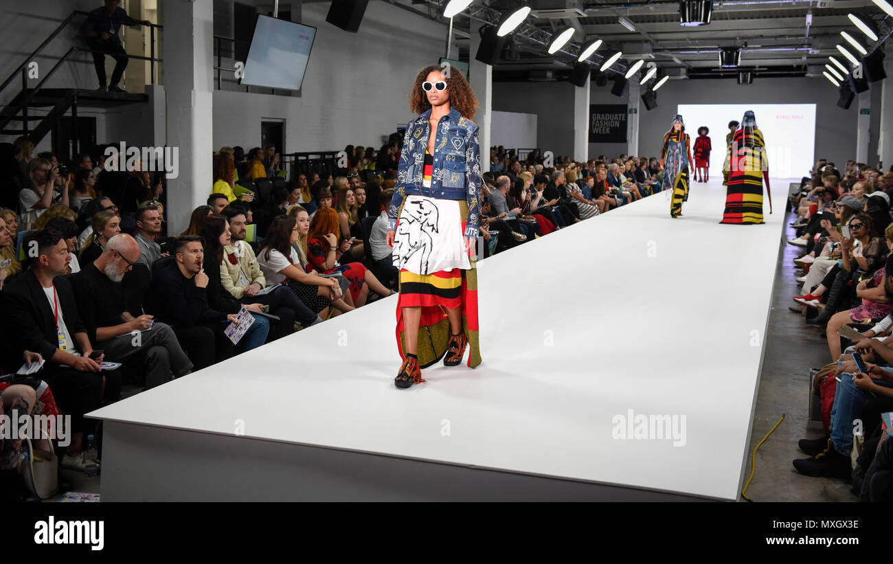 London, UK. 4 June 2018. A model presents a look by Nyree Hall from ...