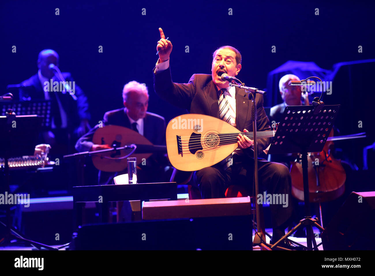 Beirut, Lebanon. 4th June, 2018. Tunisian singer Lutfi Bouchnak (C ...