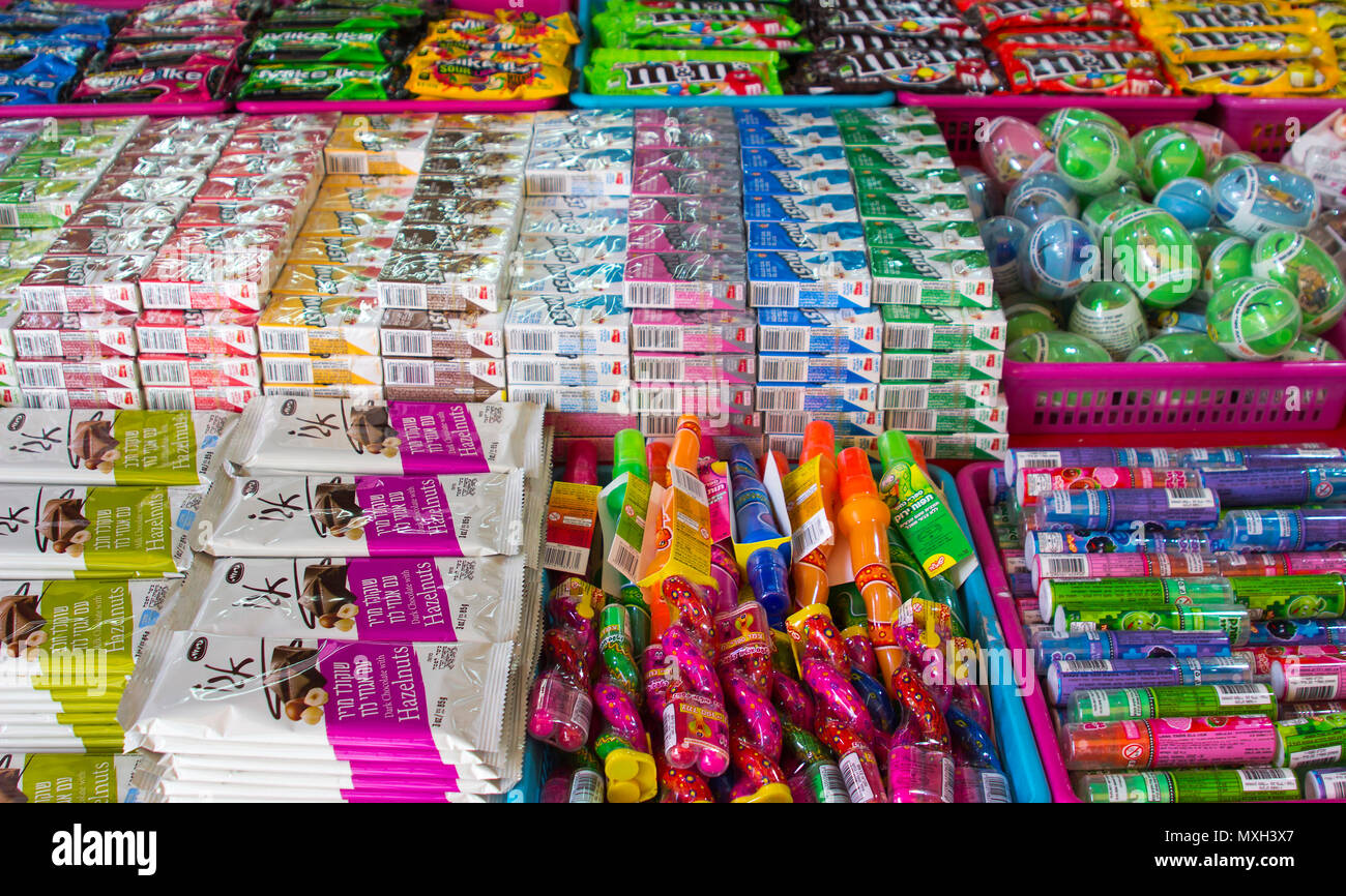 9 May 2018 A large range of confectionary on display at a vendor's ...