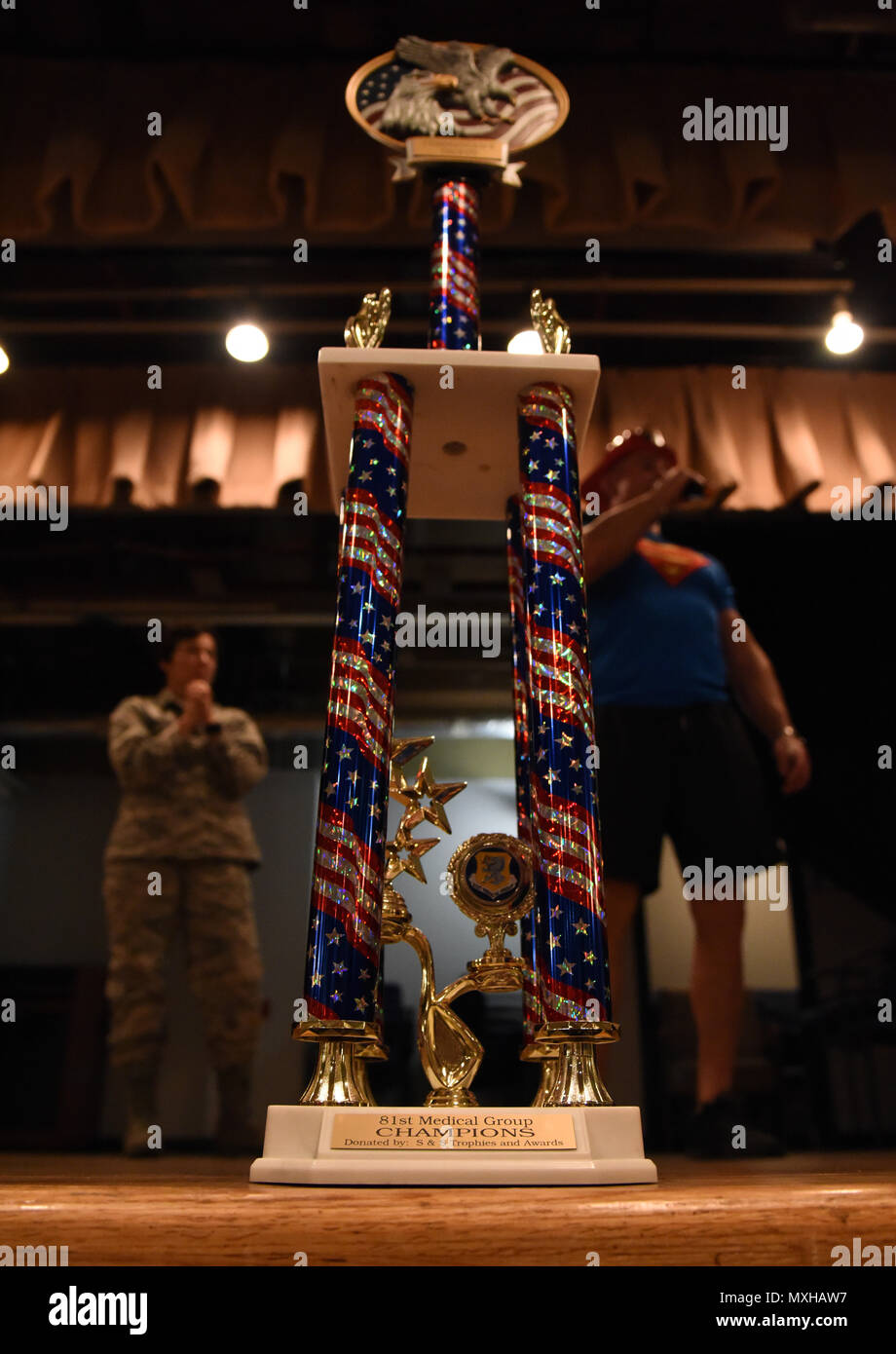 A trophy sits on display during the 81st MDG Push-up Competition at the ...