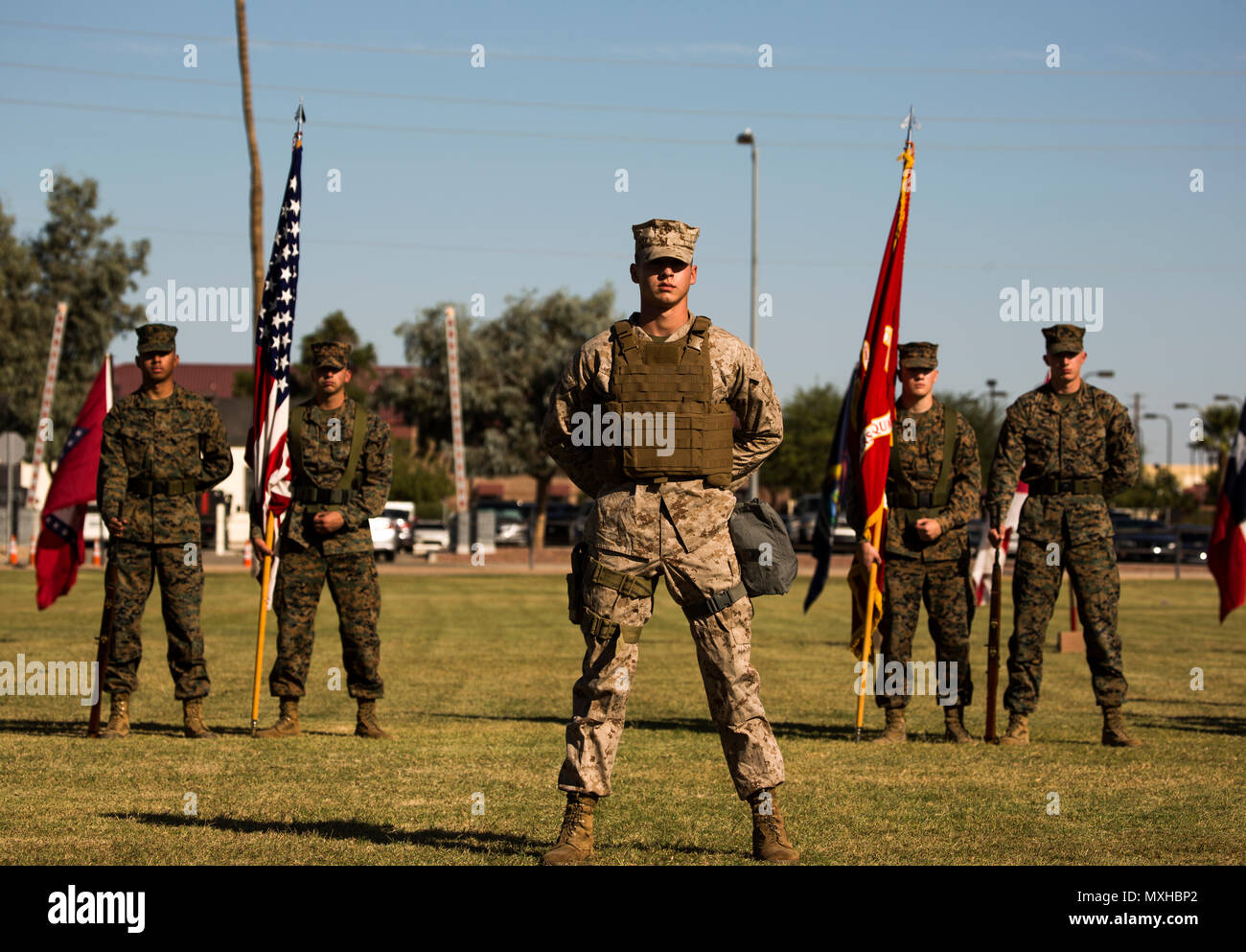A U.S. Marine with Headquarters and Headquarters Squadron participates ...
