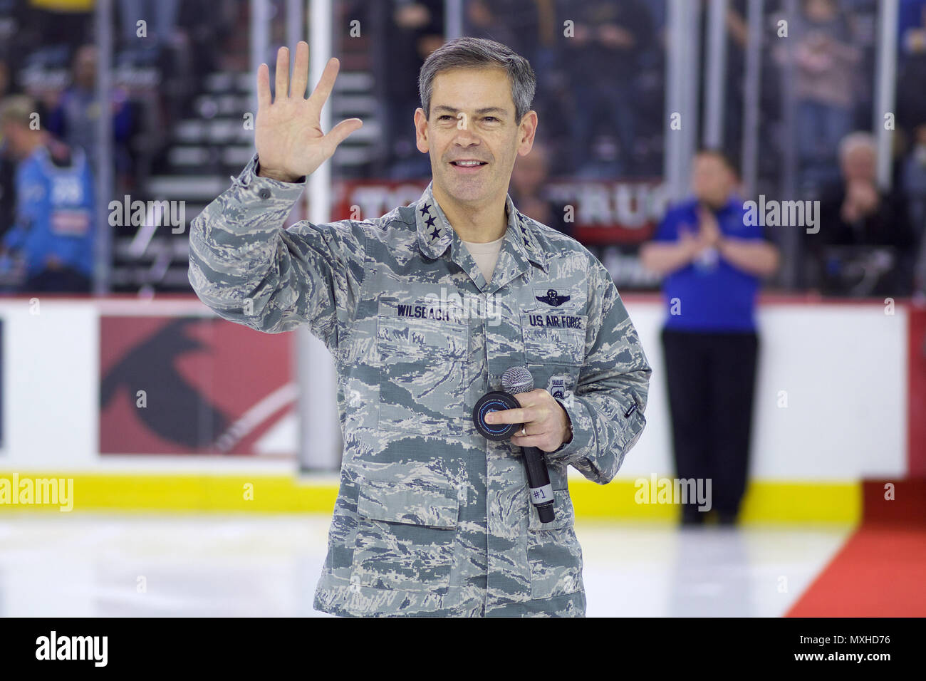 Air Force Lt. Gen. Kenneth Wilsbach, Alaskan Command commander, greets ...