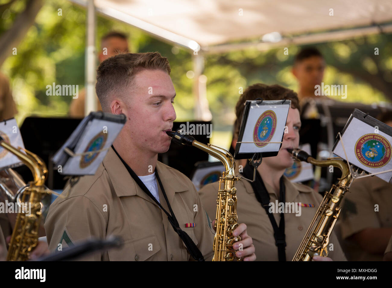 The U.S. Marine Corps Forces, Pacific band plays The Marines' Hymn ...