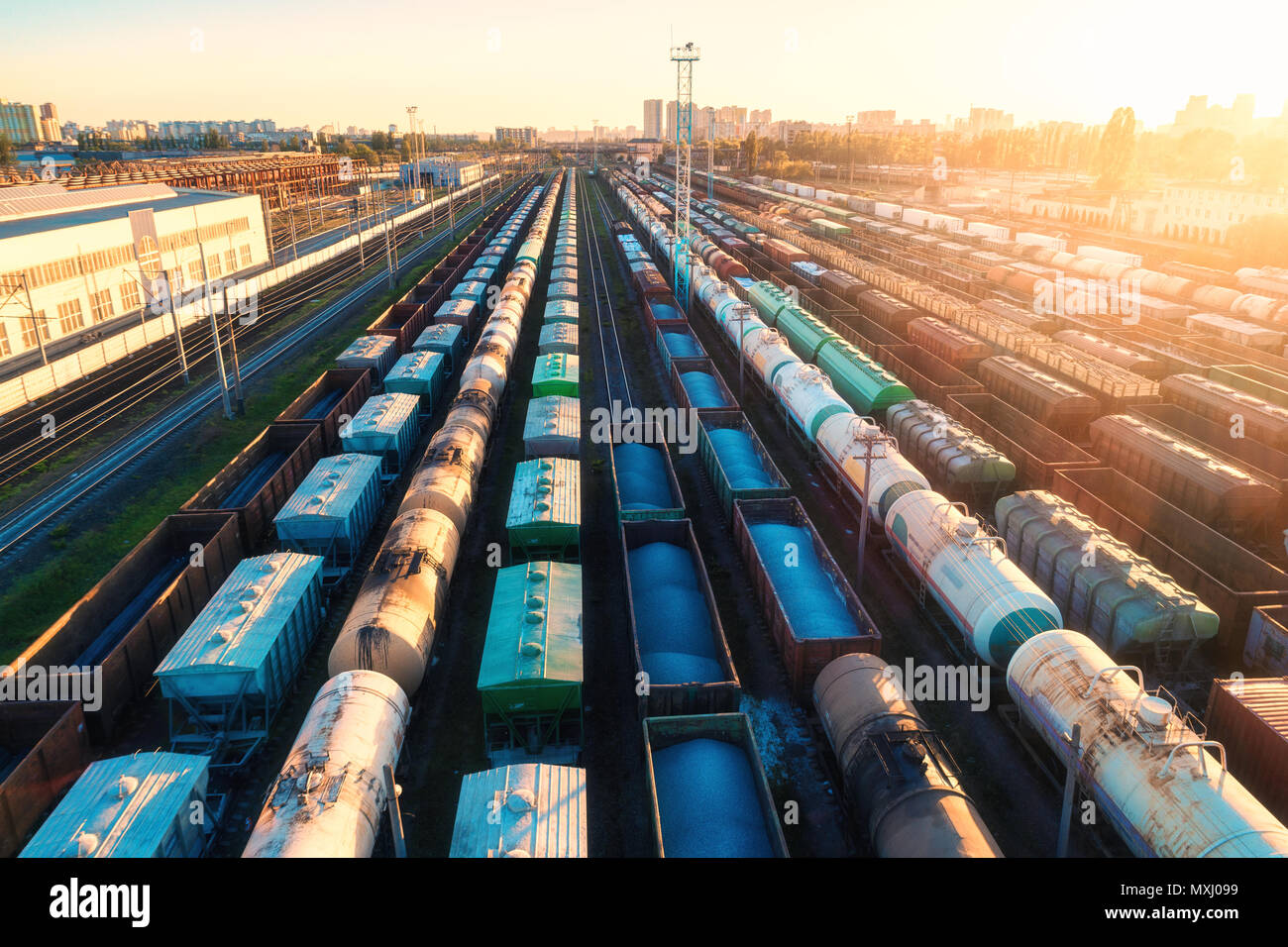 Aerial view of colorful freight trains. Cargo wagons on railway station ...