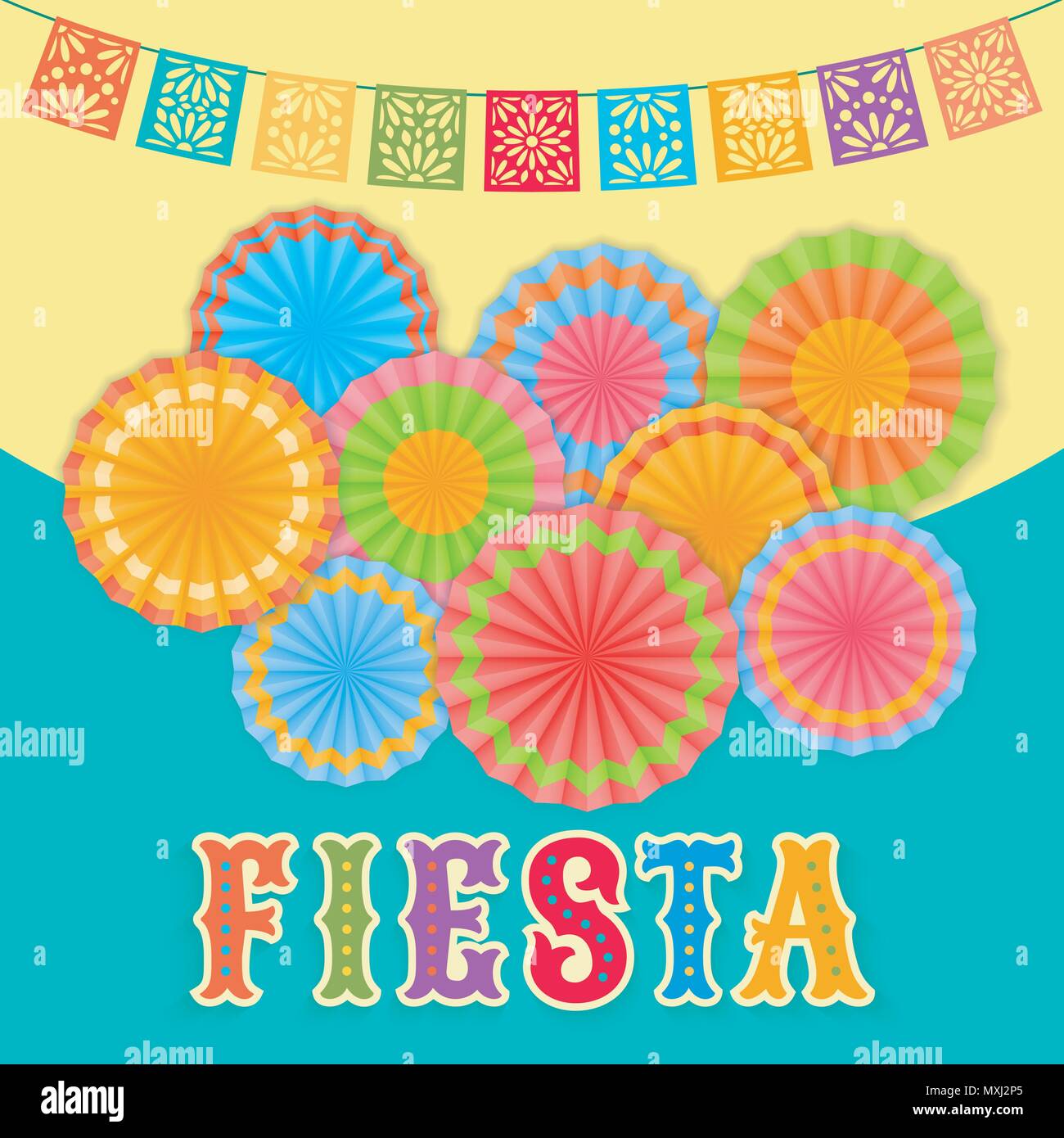 Vector fiesta postcard with paper fans, lace flags and colorful ...