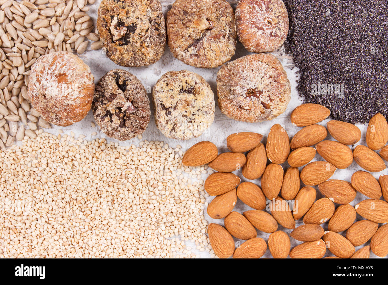 Natural food containing calcium, dietary fiber and minerals, concept of ...