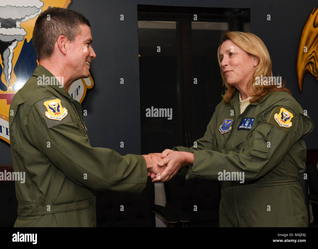 Secretary of the Air Force Deborah Lee James, right, receives a spirit ...