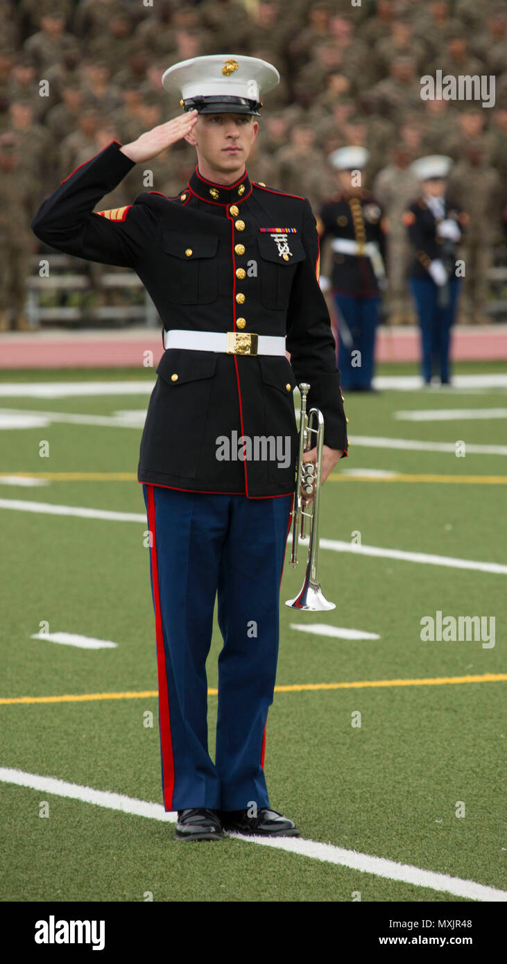 A U.S. Marine with the 2nd Marine Division Band salutes during the ...