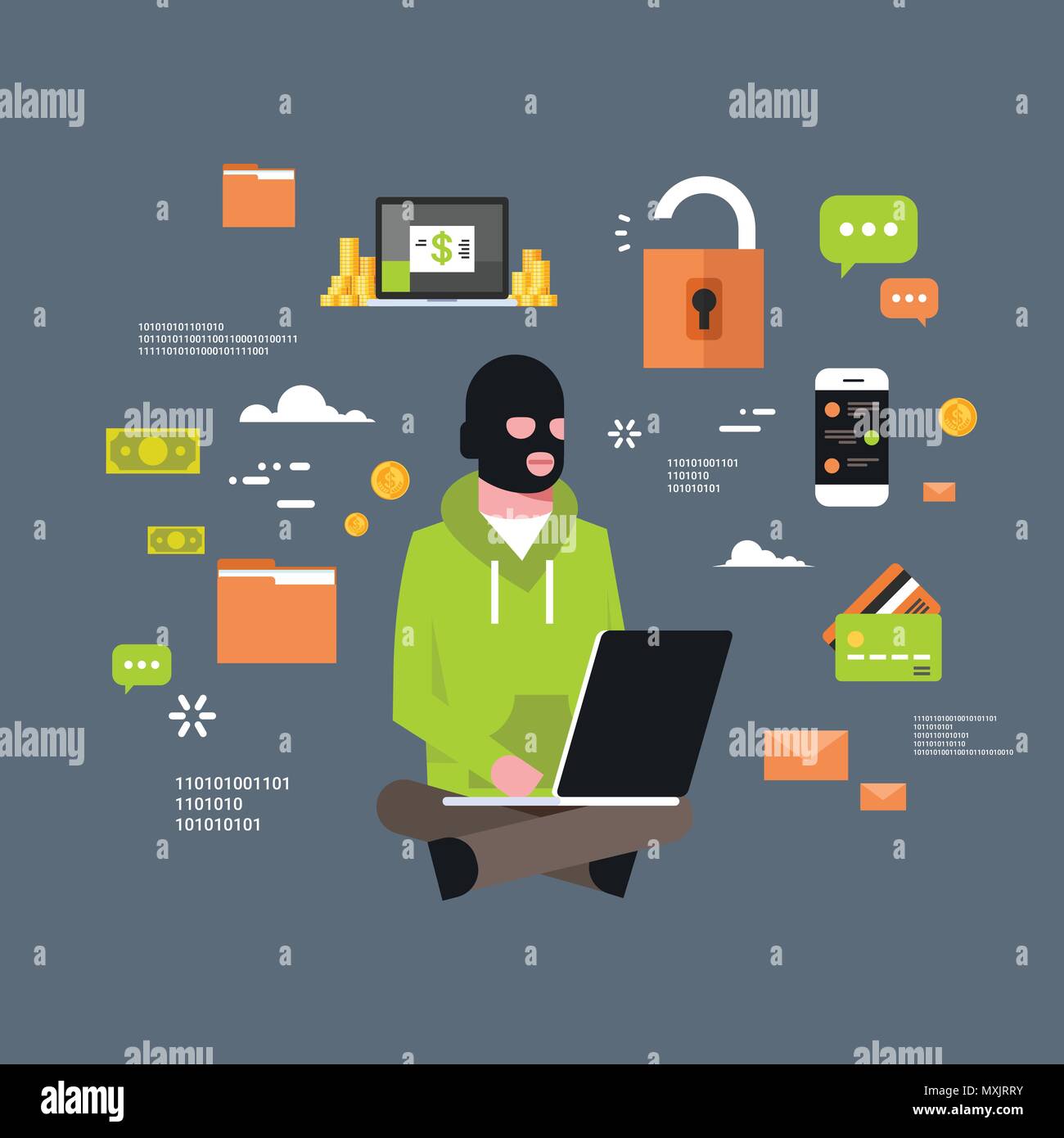 Man Black Mask Sitting At Computer Hacker Activity Concept Viruses Data ...