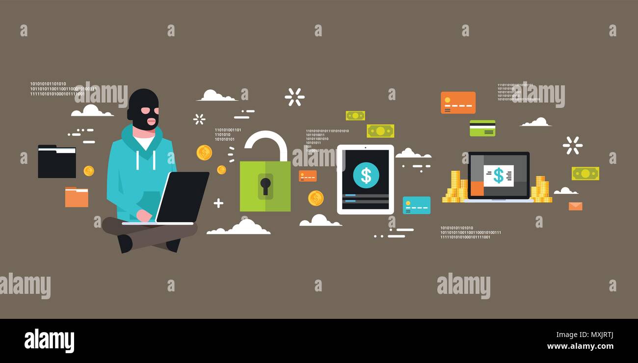 Man Black Mask Sitting At Computer Hacker Activity Concept Viruses Data ...