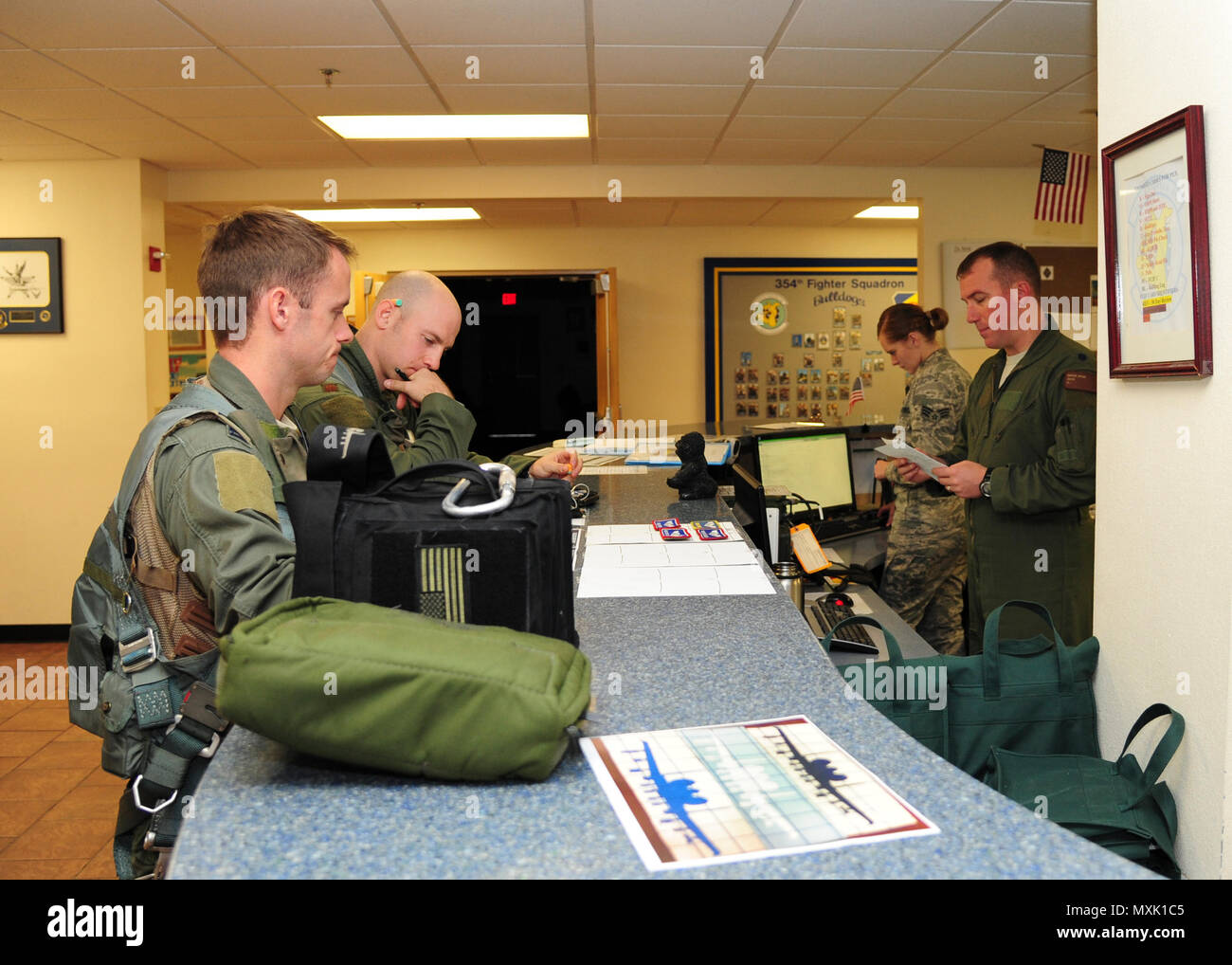 U.S. Airmen from the 354th Fighter Squadron receive a pre-flight ...