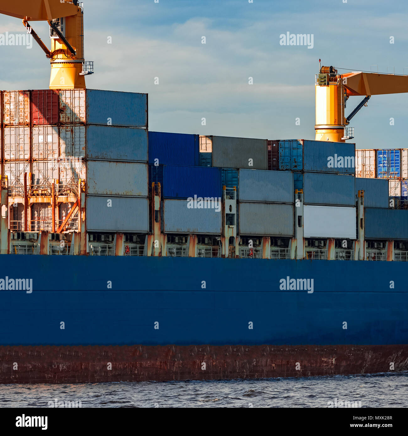 Blue container ship. World logistics and production transfer Stock ...