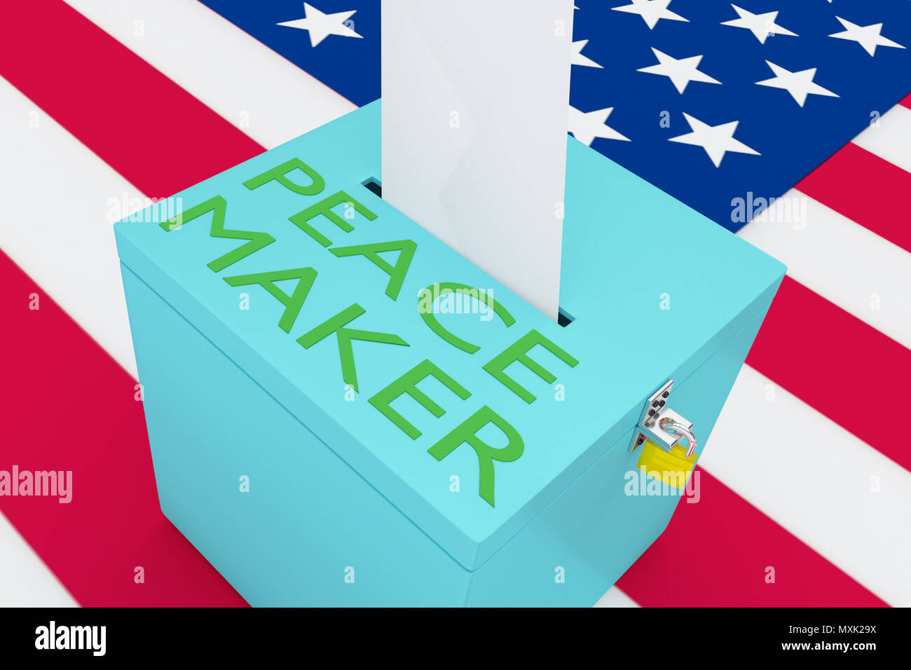 3D illustration of PEACE MAKER script on a ballot box, with US flag as ...