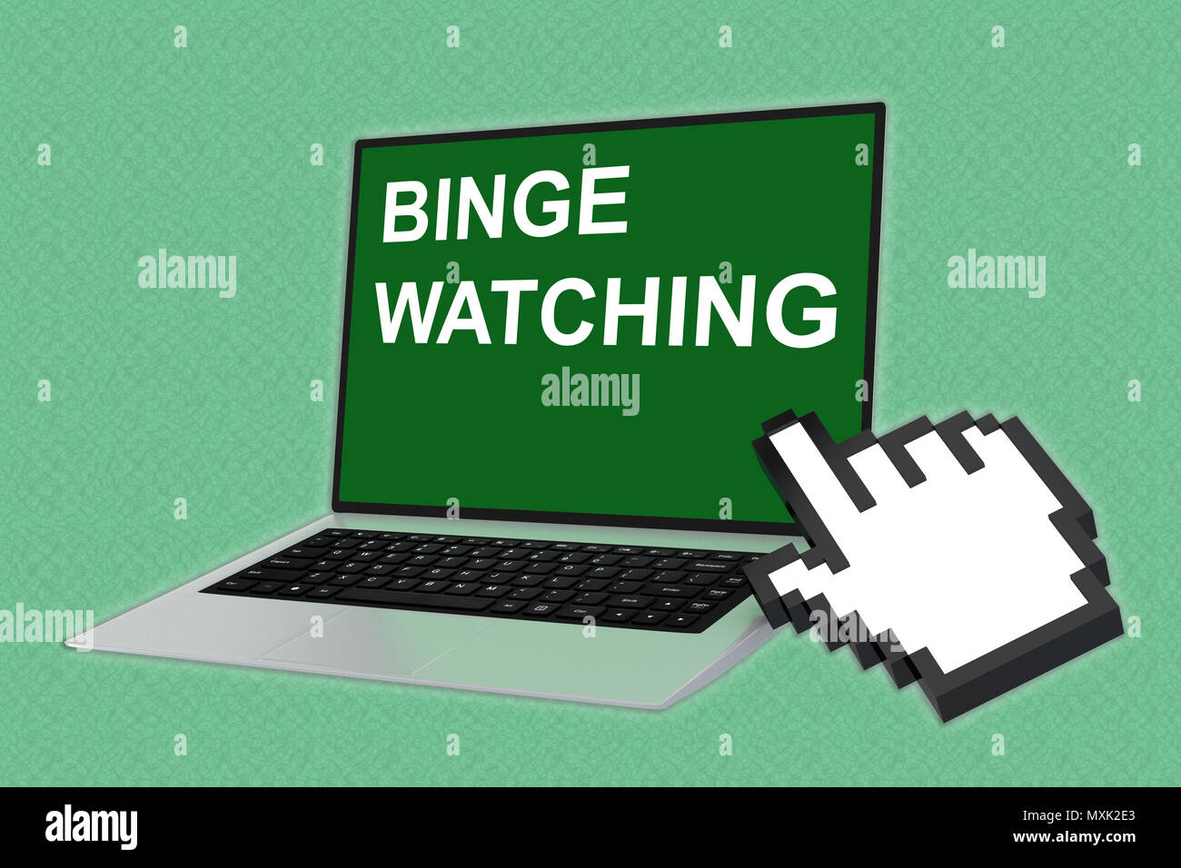 3D illustration of BINGE WATCHING script with pointing hand icon ...