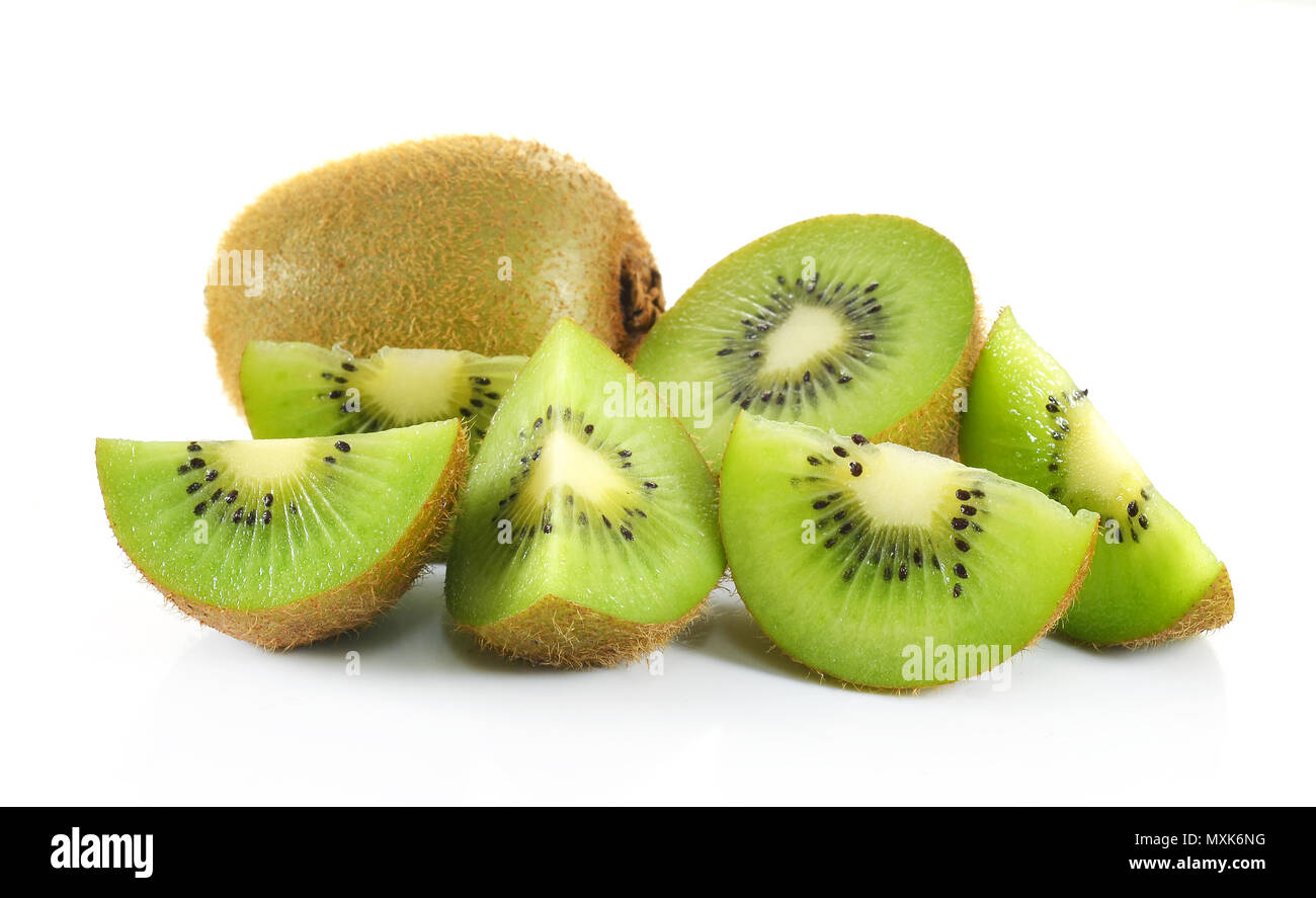 Whole kiwi fruit and his sliced segments isolated on white background ...