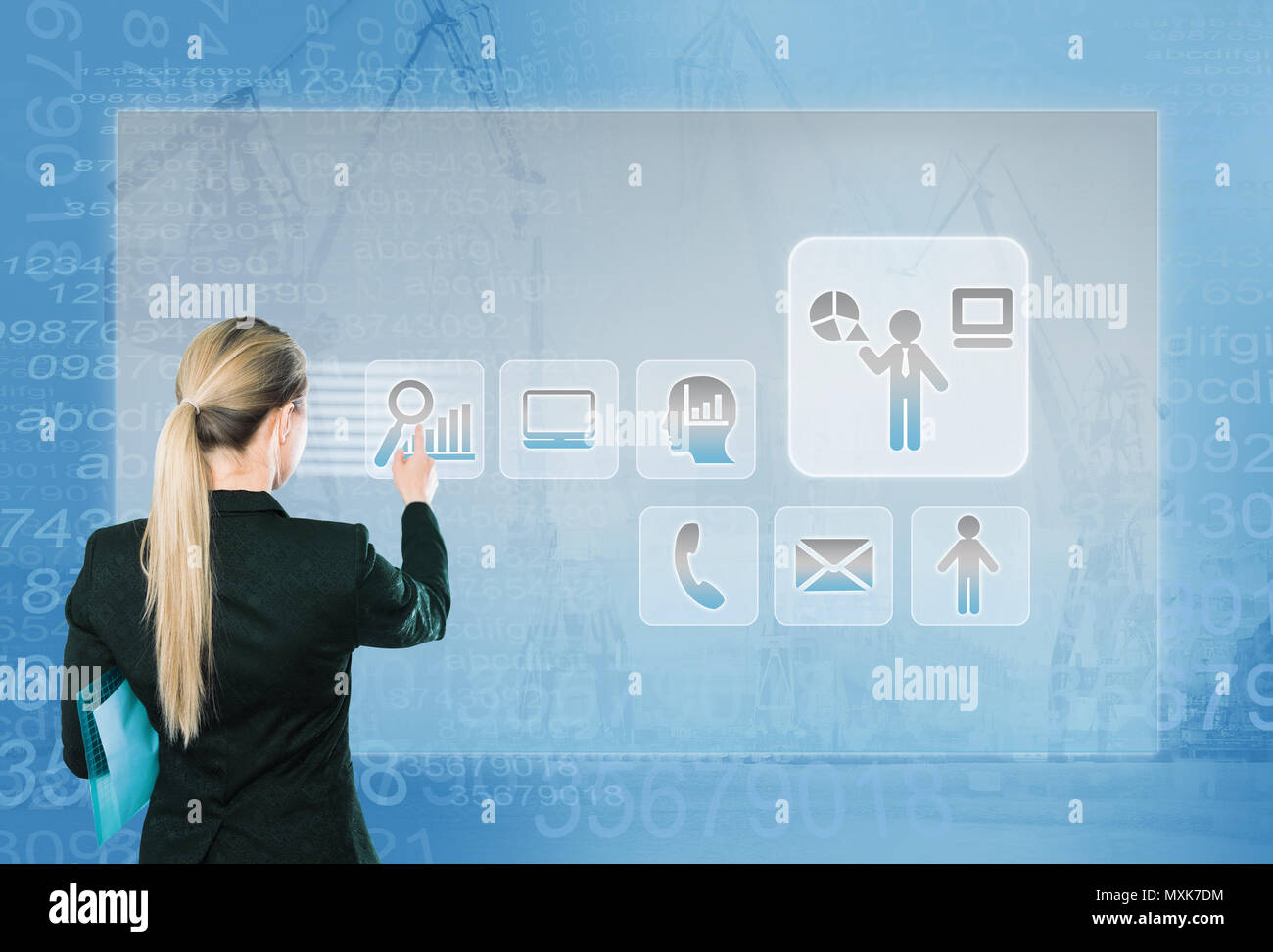 Business lady touching digital interface with finger on industrial ...