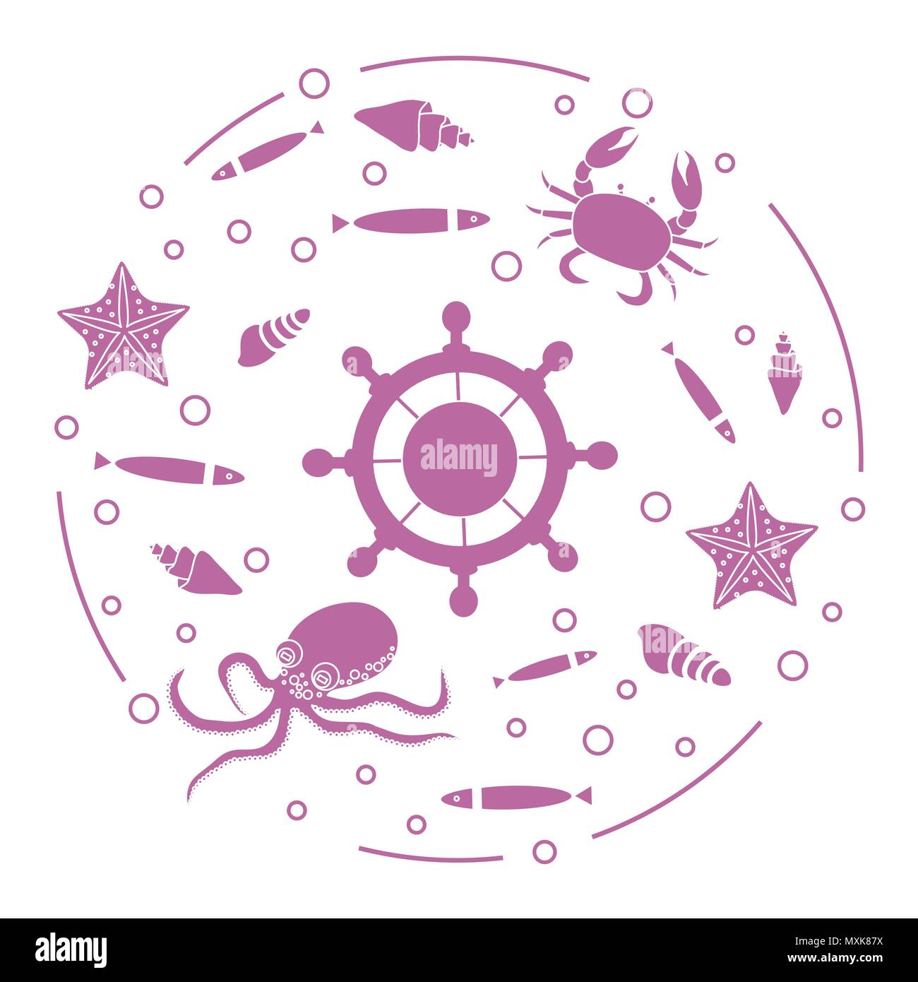 Steering wheel and sea inhabitants: fish, seashells, starfish, crab ...