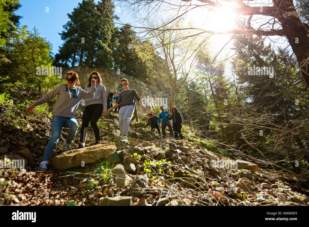 Group young hikers trekking hi-res stock photography and images - Alamy