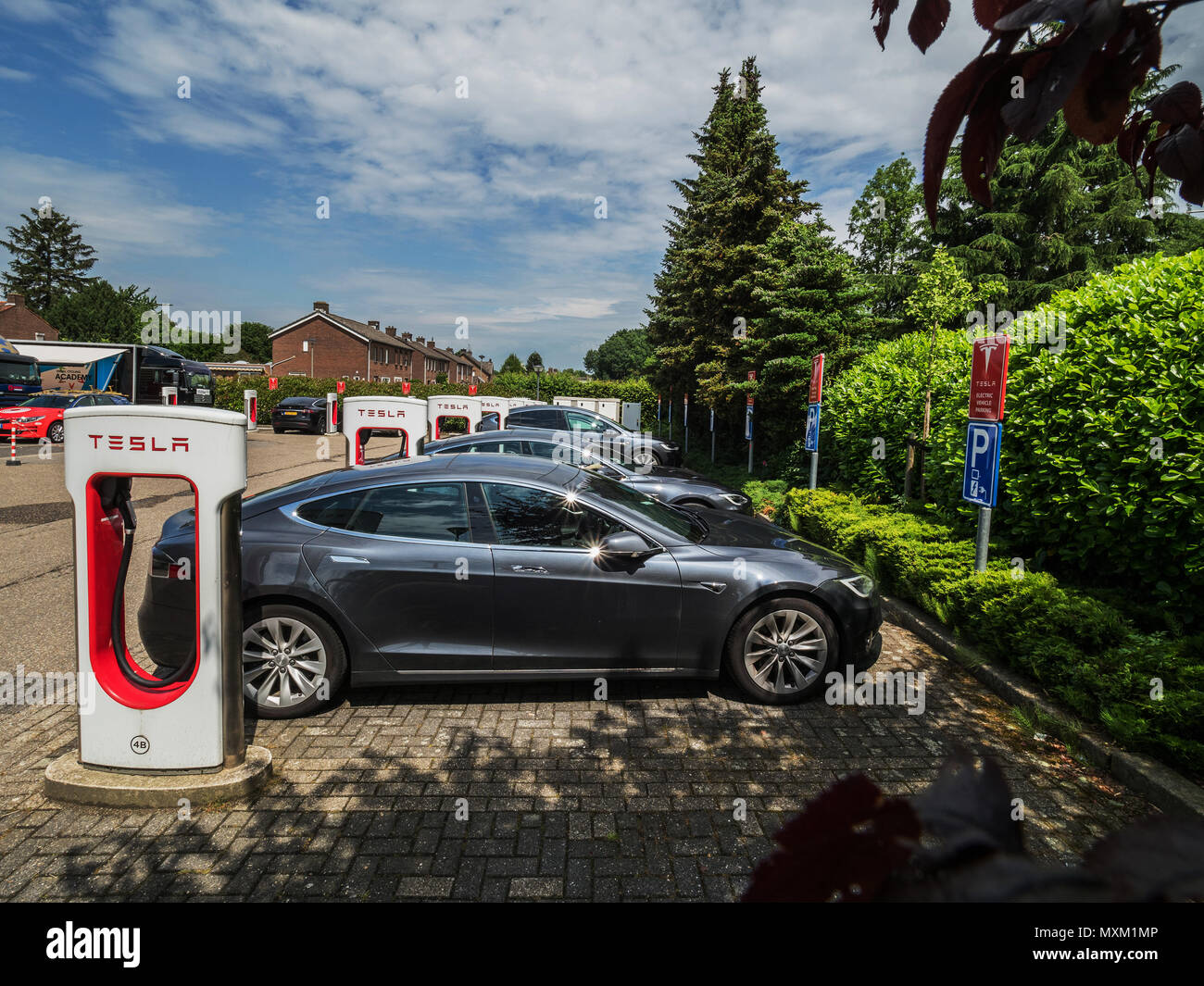 URMOND, NETHERLANDS - MAY 31, 2018. TESLA station supercharger in ...