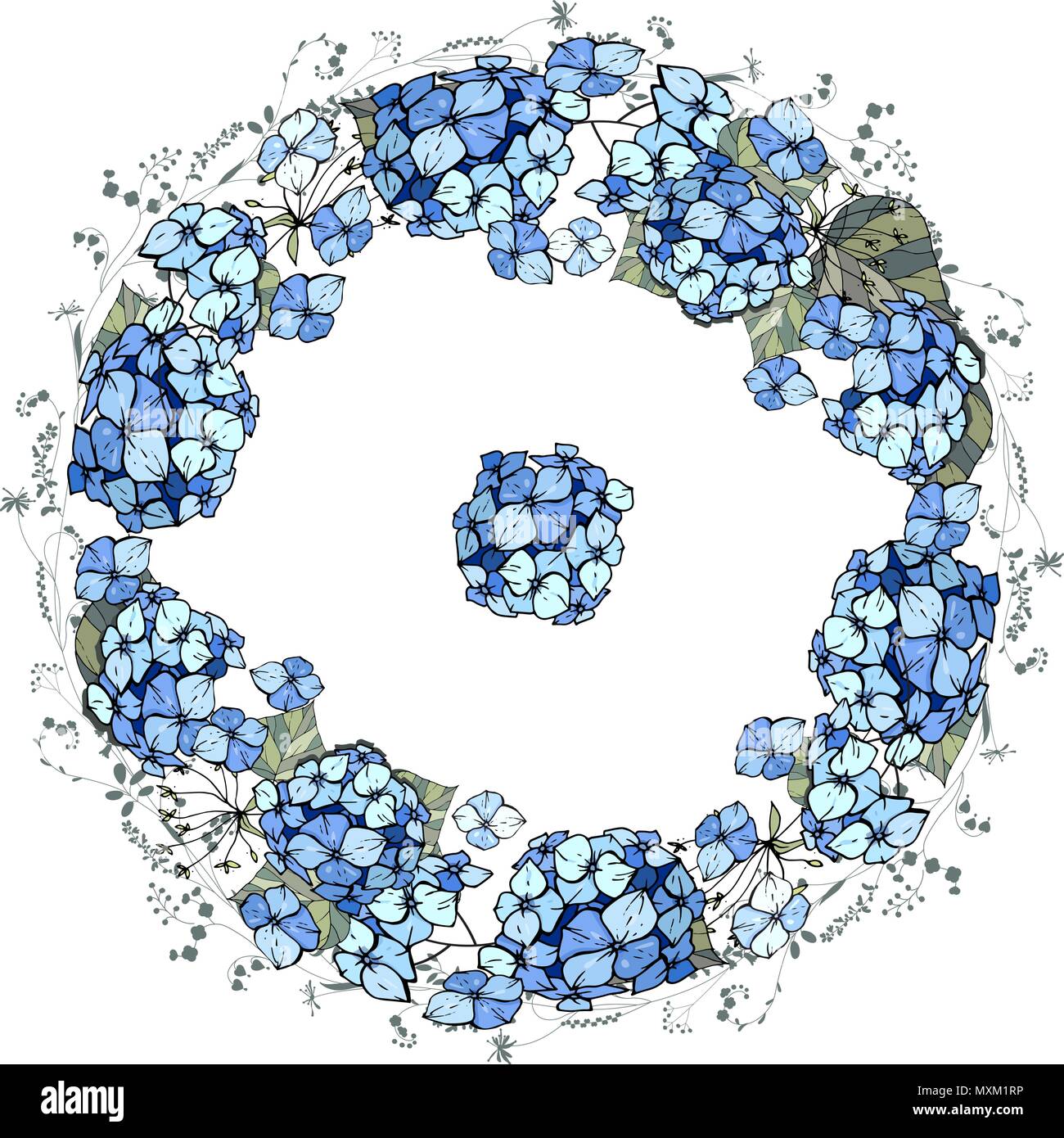 Round floral garland with hydrangea flowers. Decoration for wedding and ...