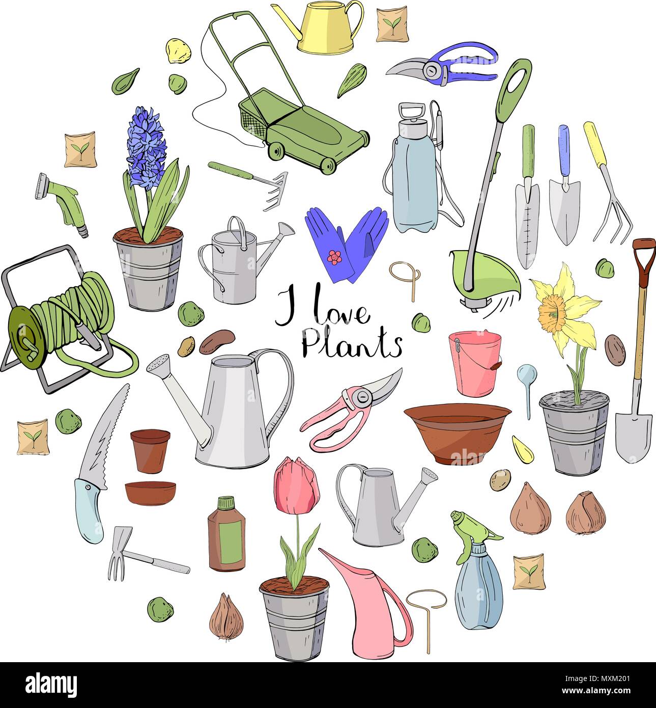 Round shape made of different gardening tools. Circle with object for ...