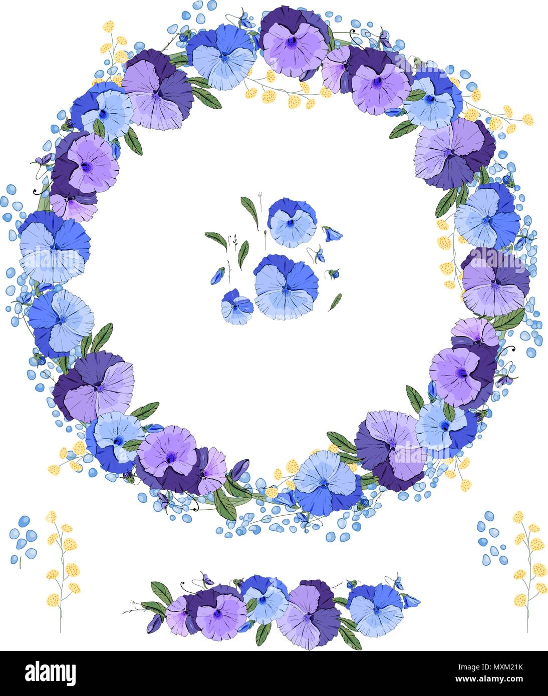 Round garland with spring flowers viola. Decorative season floral frame ...